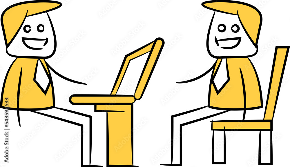 businessman working on laptop and job interview stick figure cartoon ...