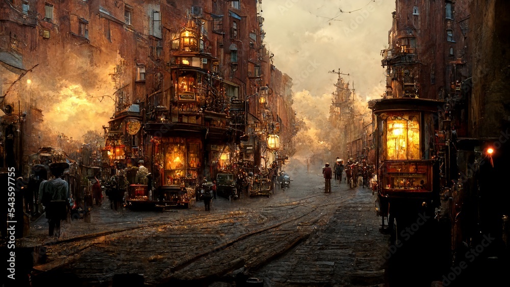 Surreal SteamPunk City on Blurred background, streets with smoky ...