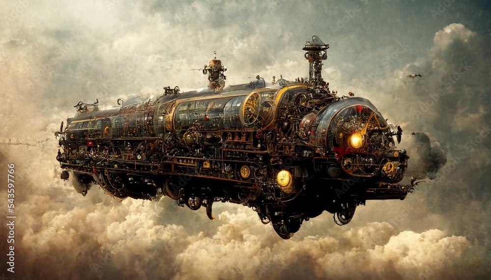 Surreal Giant train of SteamPunk style, grand and grotesque atmosphere ...