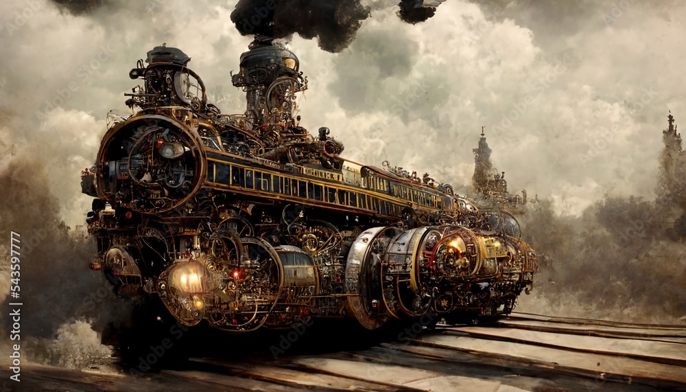 Surreal Giant train of SteamPunk style, grand and grotesque atmosphere ...