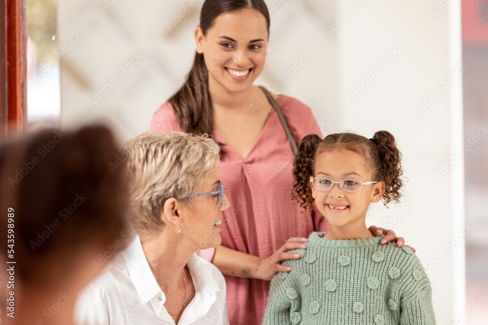 Mirror, vision and girl trying on glasses in an optical store with her ...