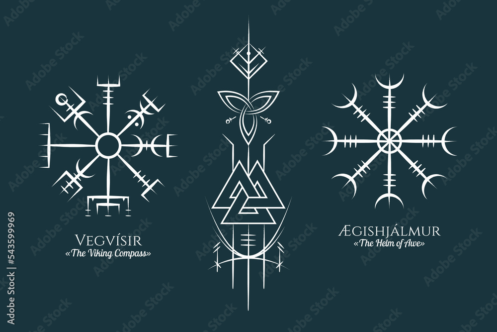 Viking symbols set. Isolated icons of pagan norse sign vegvisir ...