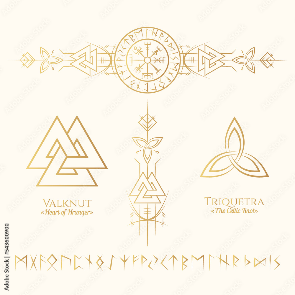 Viking runes and symbols golden collection. Hand drawn isolated set of ...