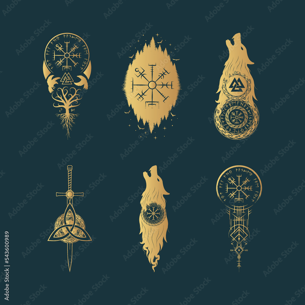 Viking symbols isolated set. Golden collection of celtic signs vegvisir ...