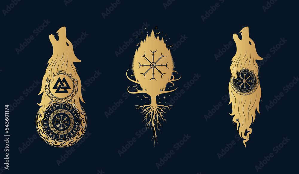 Viking symbols isolated set. Golden collection of celtic signs vegvisir ...