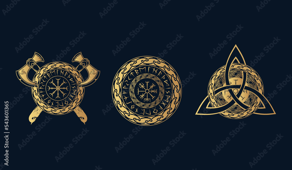 Viking symbols collection. Isolated set of three golden pagan norse ...
