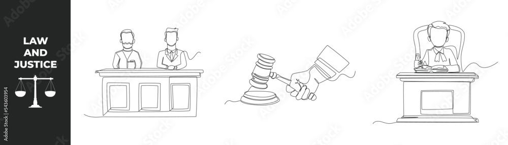 Single one line drawing law set concept. Lawyer, Law hammer, Judge is ...