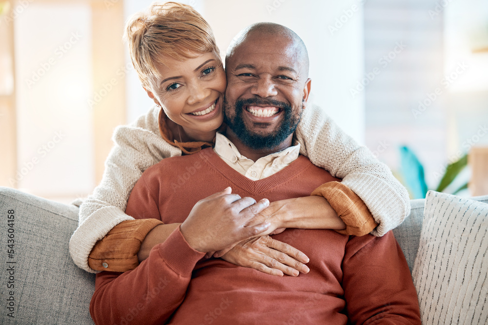 Happy, love and portrait of black couple on sofa for relax, retirement ...