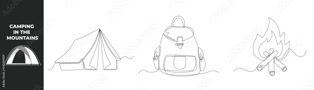 Continuous one line drawing summer camp set concept. Tent, Travel bag ...