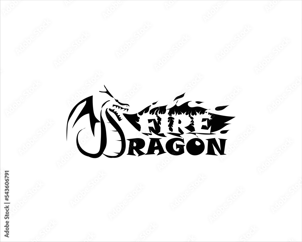 vector logo design of a dragon in a position spitting fire at the word ...