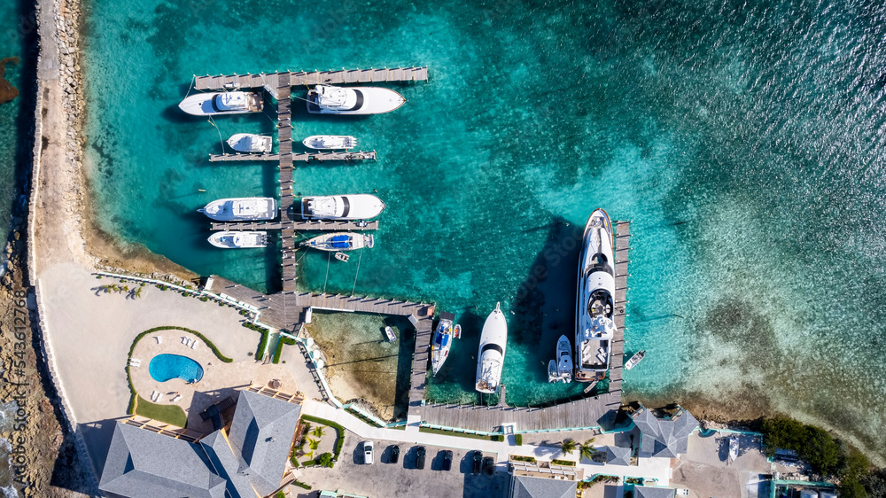 Aerial top view of the Flying Fish Marina, next to Clarence Town, Long ...