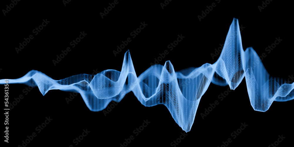 Blue abstract wireframe sound waves, visualization of frequency signals ...