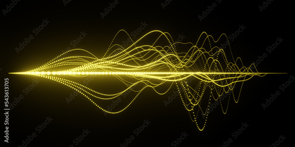 Bright glowing yellow neon abstract wireframe sound waves ...