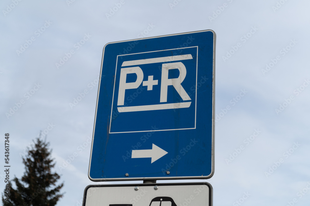 Park and Ride blue sign, P+R car parking facility, road signs in Poland ...