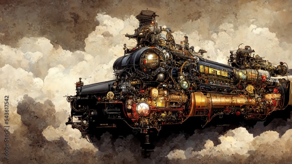 Steam Locomotive with Steampunk, Giant steam train on Blurred ...