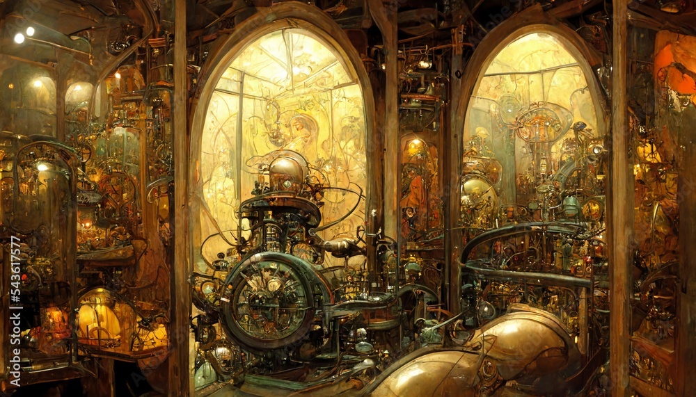 Steampunk machine room, Space full of complex machines and detailed ...