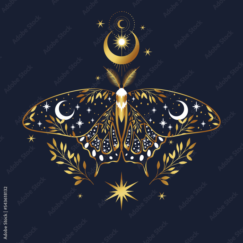 Mystic gold moth isolated vector illustration. Magic moon, occult ...
