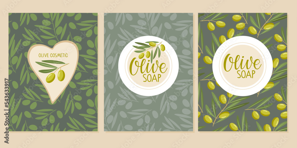 Packaging Olive cosmetics Design. Seamless patterns with olive tree ...