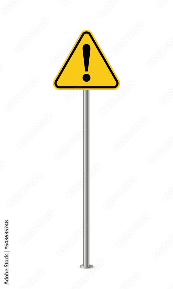 3d road warning sign with yellow board on metal pole, signboard with ...
