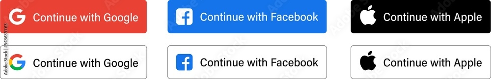 Set of buttons "Continue with Google", "Continue with Facebook ...