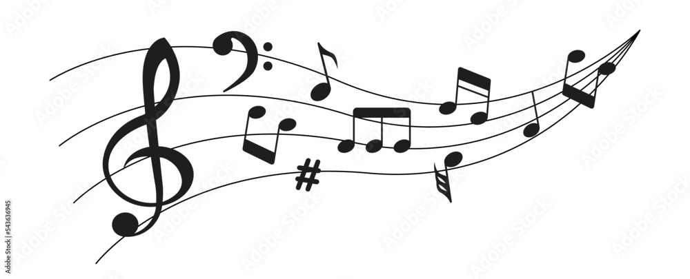 Music notes with line drawing musical sound waves. Musical note melody ...