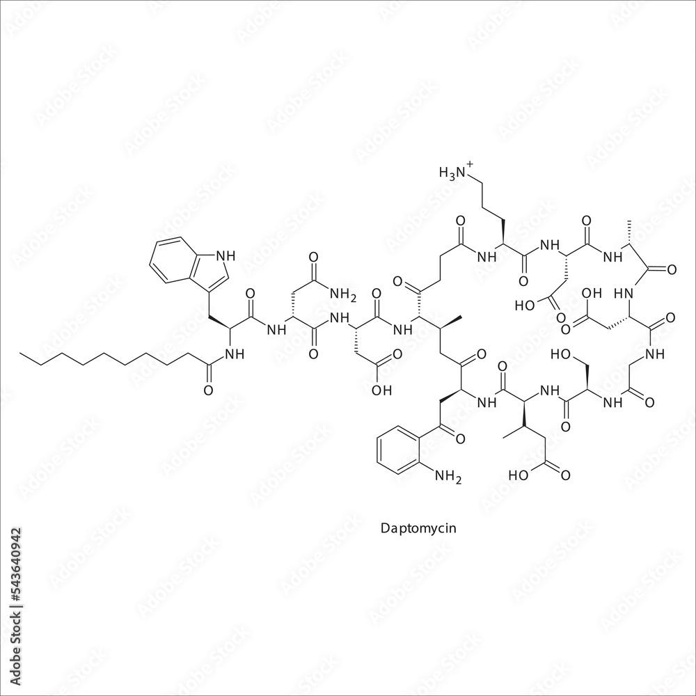 Daptomycin flat skeletal molecular structure Lipopeptide antibiotic ...