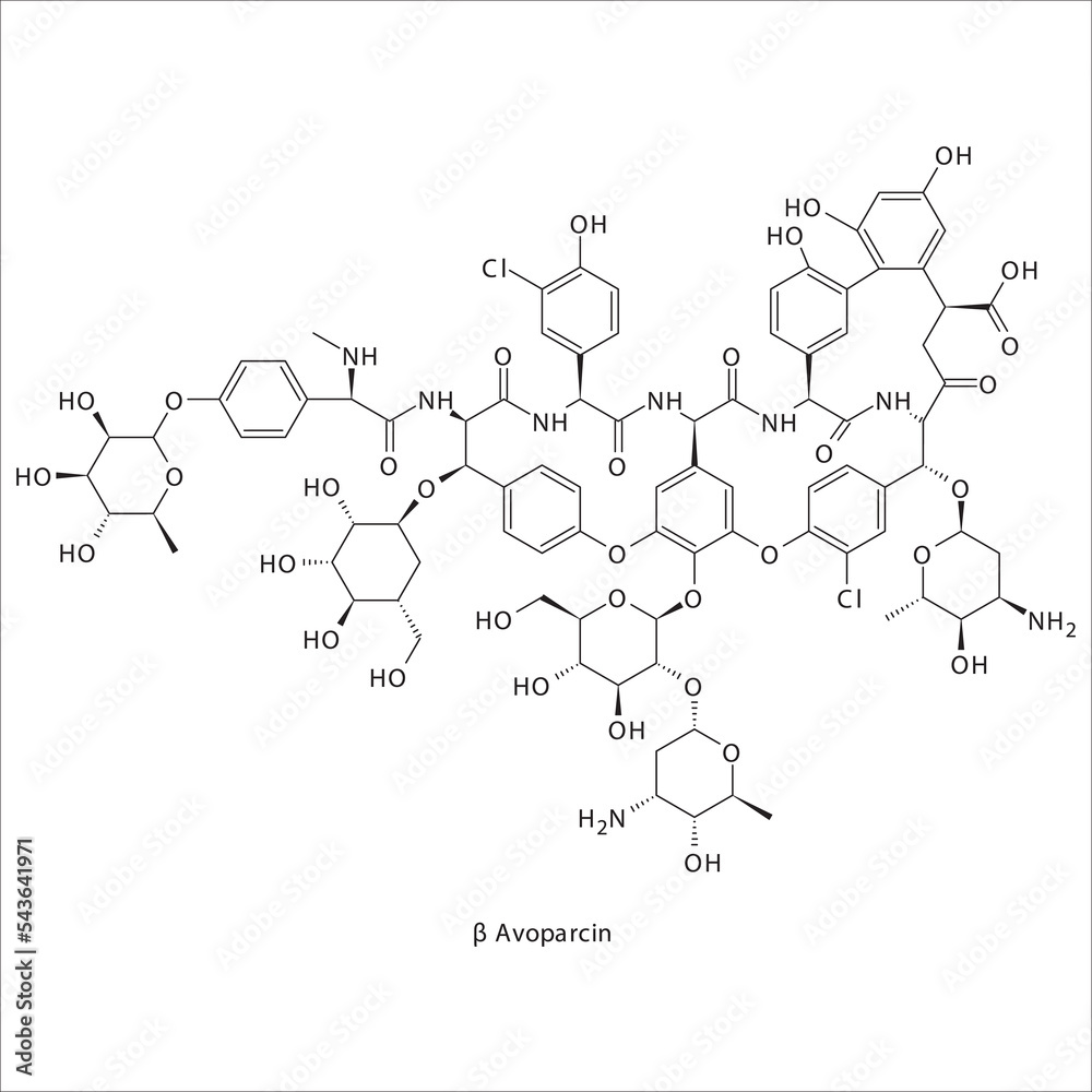 β Avoparcin flat skeletal molecular structure Glycopeptide antibiotic ...