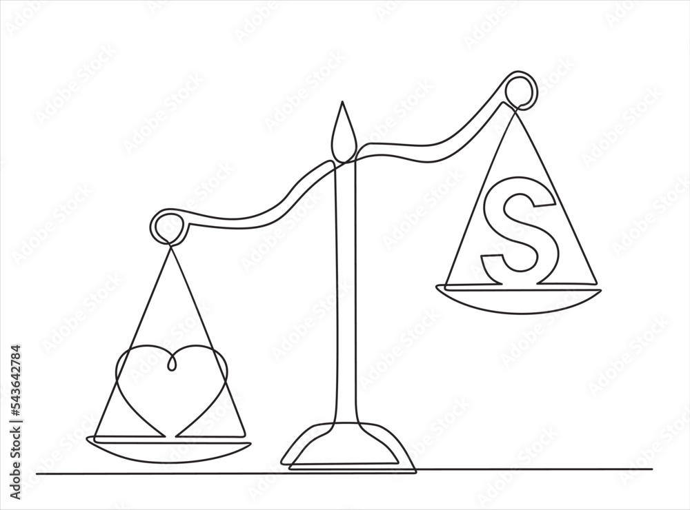Continuous one line drawing of dollar sign and heart on scales. Stock ...