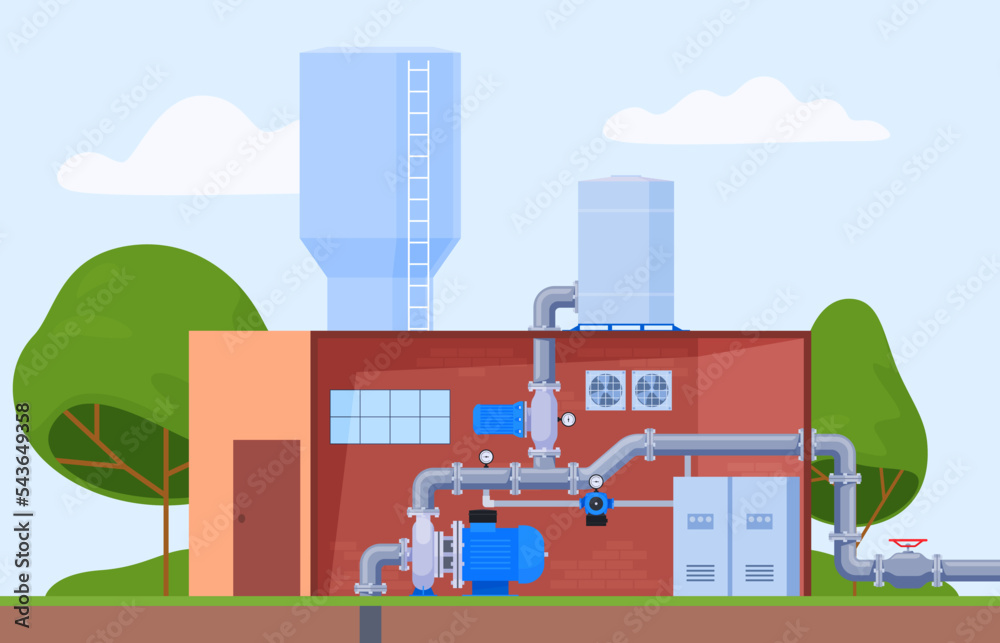 Building with water pumps. Water and liquid pumping. Technical ...