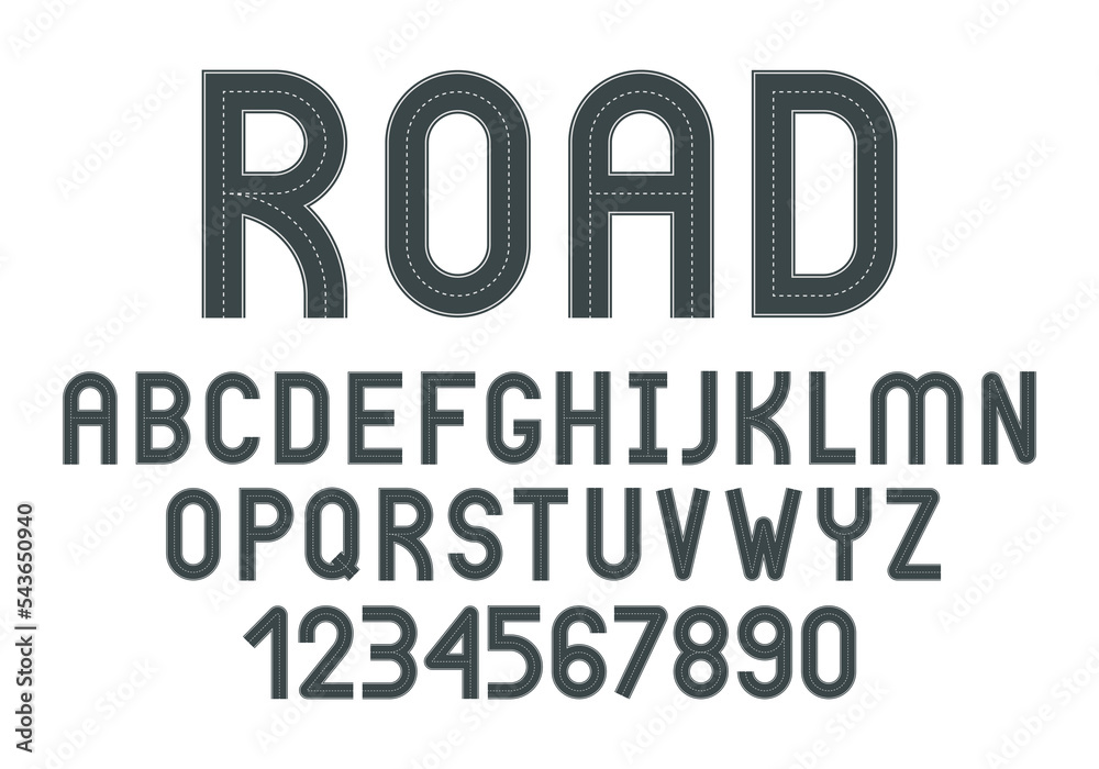 Vector illustration of road alphabet with white markings isolated on ...