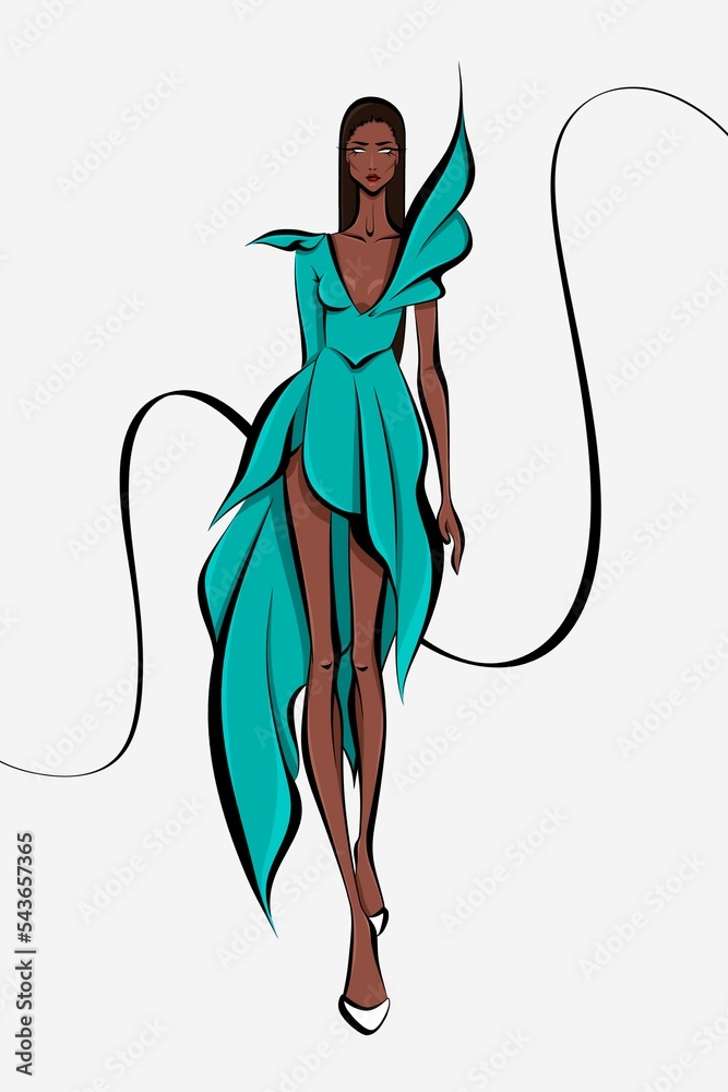 Slim tall gorgeous latino model in an impressive cocktail blue dress is ...
