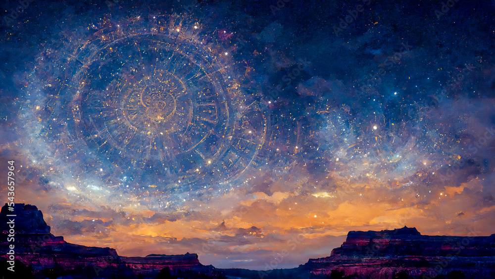 Circular zodiac appearing in the sky of a grandiose landscape of canyon ...