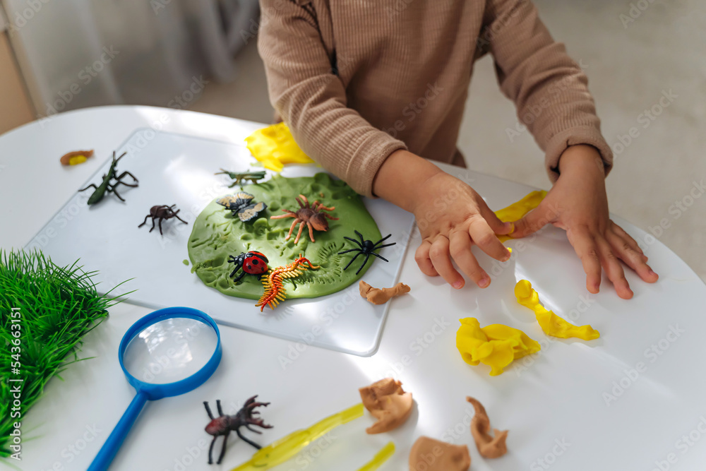 Child hands playing with toy insects. Educational game Bug Fossils made ...
