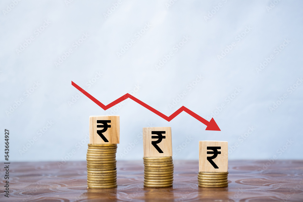 Falling of Indian rupees rate value concept with red arrow graph down ...