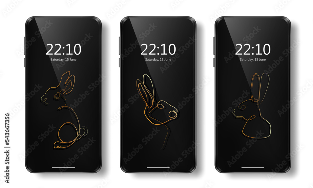 Collection of phone wallpaper with golden linear rabbits on black ...