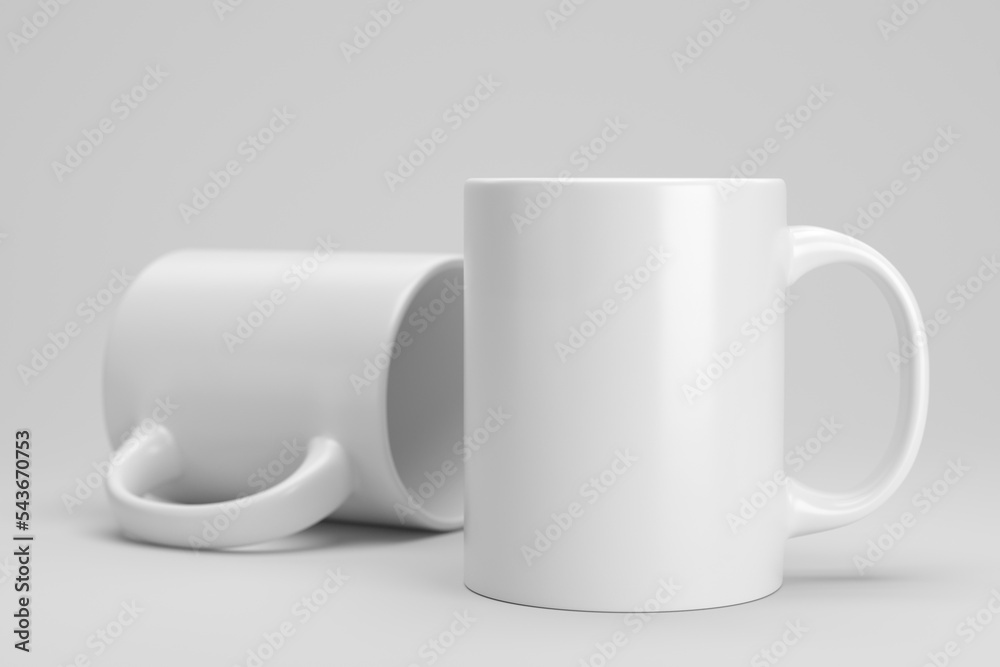 Classic white mugs mockup set from different angles. 3d illustration of ...