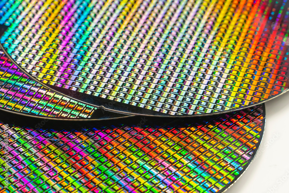 Macro of silicon wafer semiconductor with neon color, integrated ...