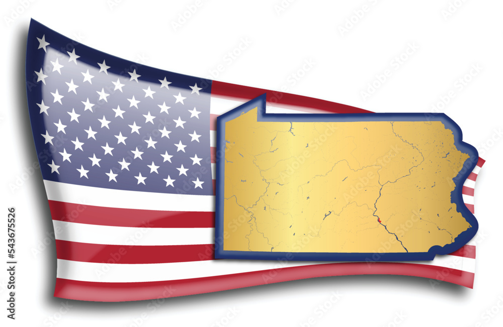 U.S. states - map of Pennsylvania against an American flag. Rivers and ...