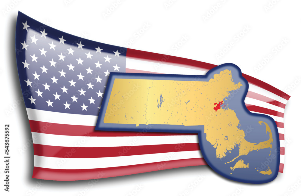 U.S. states - map of Massachusetts against an American flag. Rivers and ...