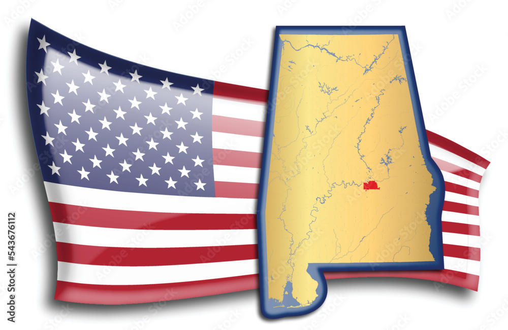 U.S. states - map of Alabama against an American flag. Rivers and lakes ...