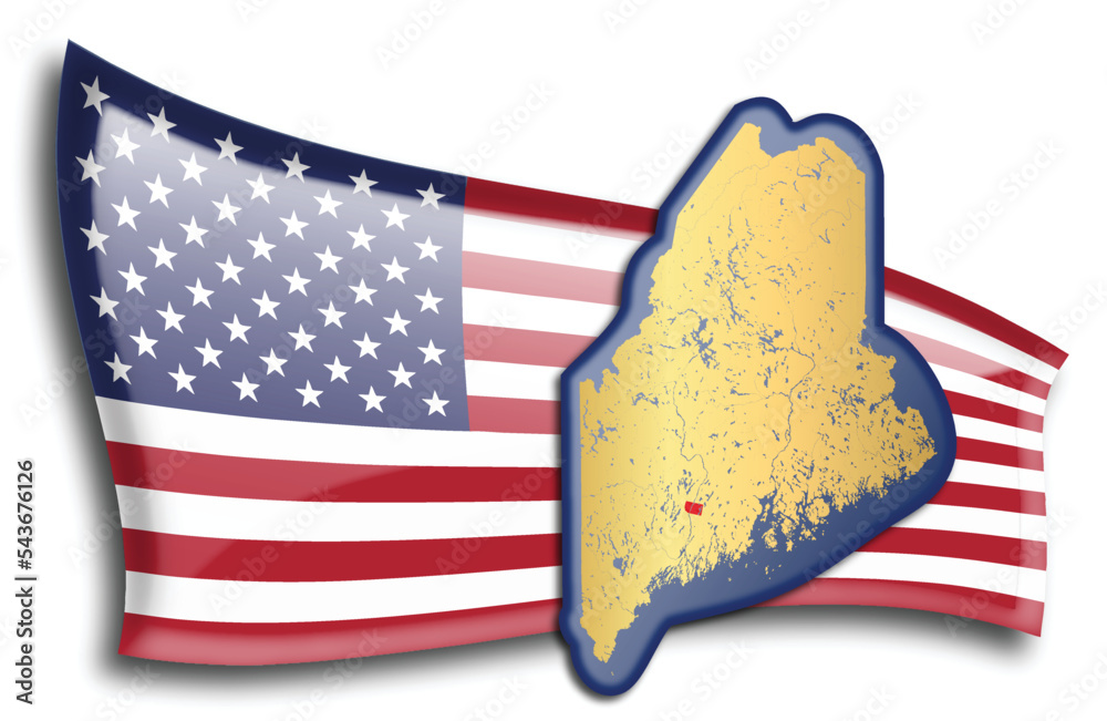 U.S. states - map of Maine against an American flag. Rivers and lakes ...