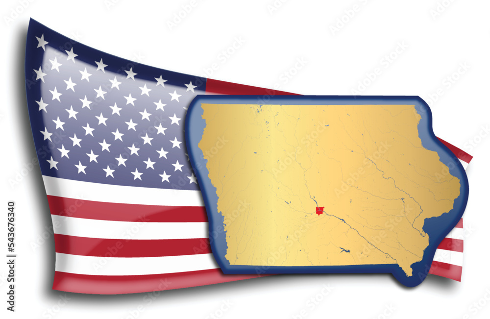 U.S. states - map of Iowa against an American flag. Rivers and lakes ...