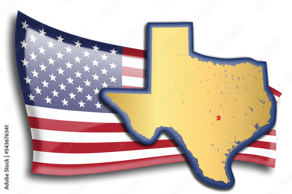 U.S. states - map of Texas against an American flag. Rivers and lakes ...