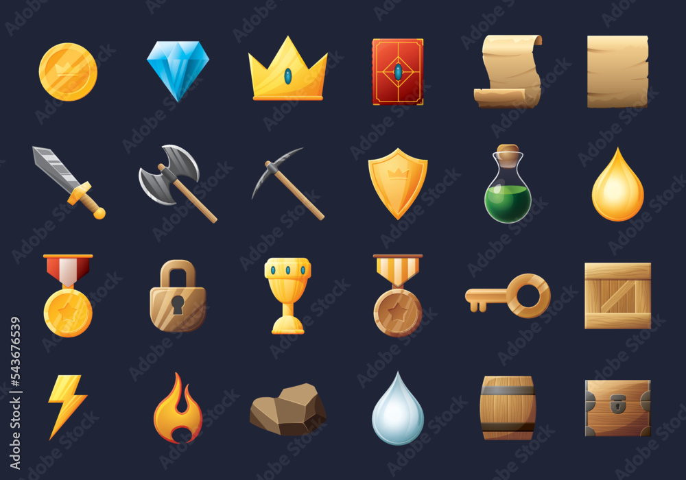 Game Ui Assets Set Gaming User Interface Icons Collection Vector Illustration Stock Vector