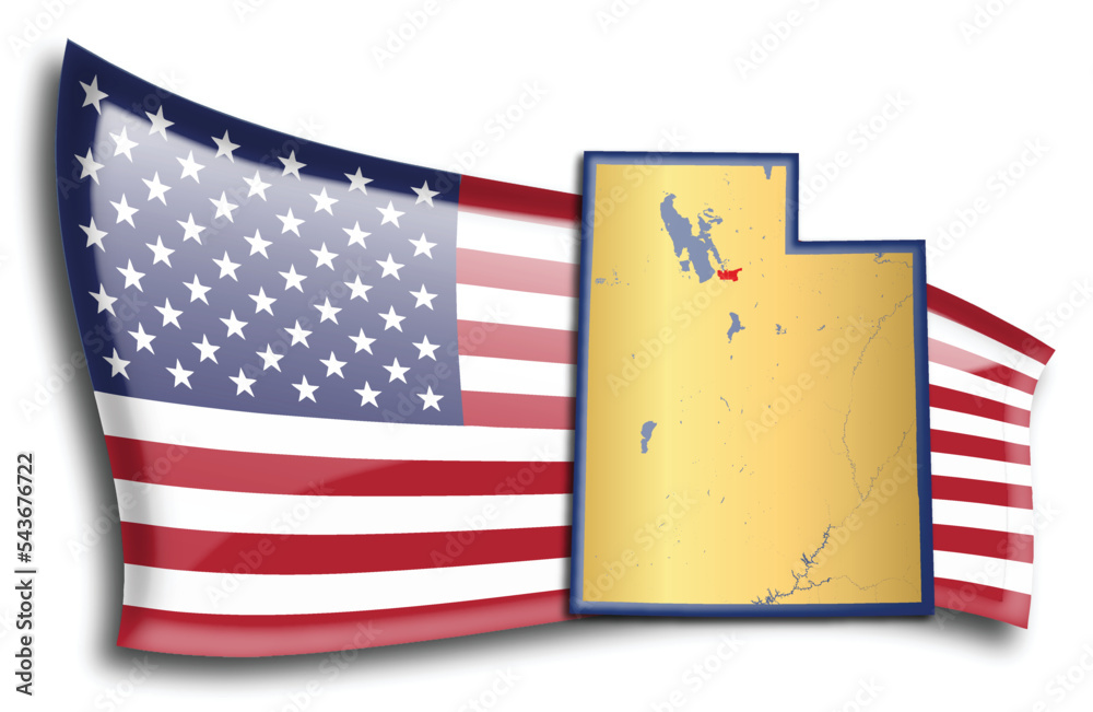 U.S. states - map of Utah against an American flag. Rivers and lakes ...