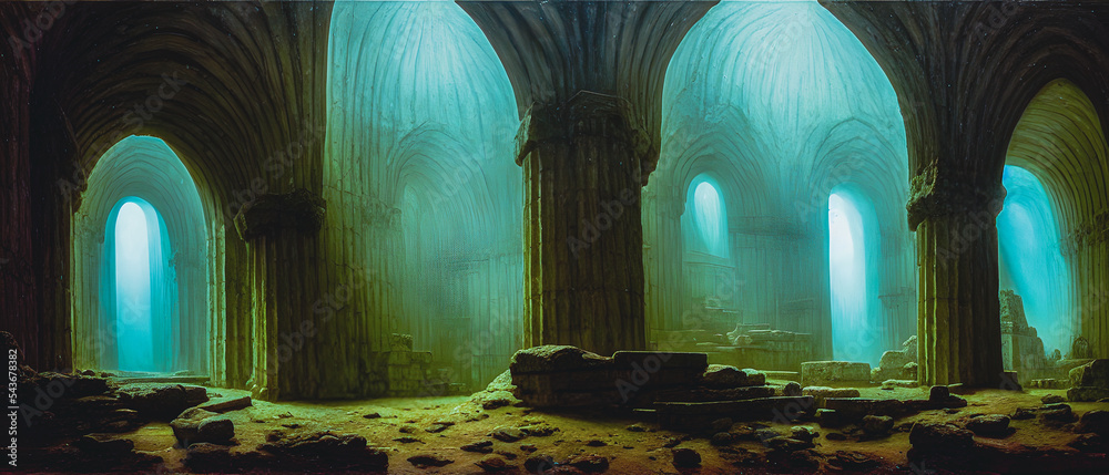 Artistic concept illustration of a scary underground temple with ...