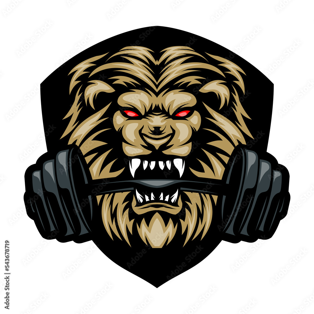 Lion head illustration logo biting a barbell Stock Vector | Adobe Stock