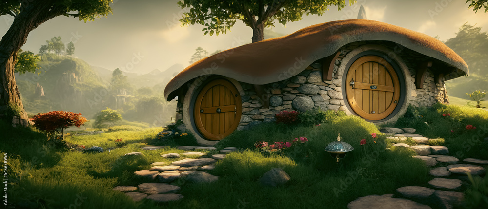 Artistic concept painting of a fantasy house with small rounded windows ...