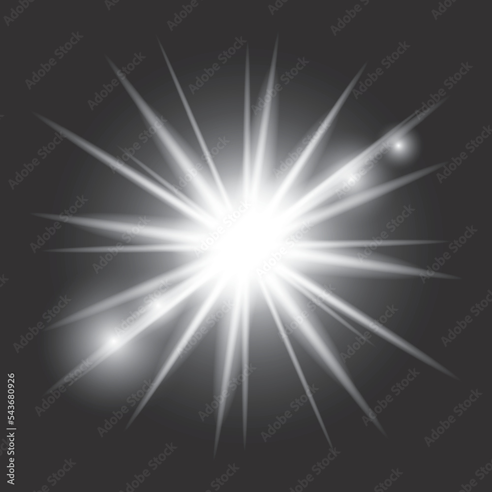White light glow effect, light rays. Radiant flash, lens flare, on dark ...