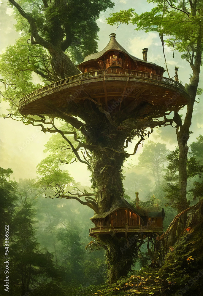 Concept art illustration of beautiful tree house Stock Illustration ...